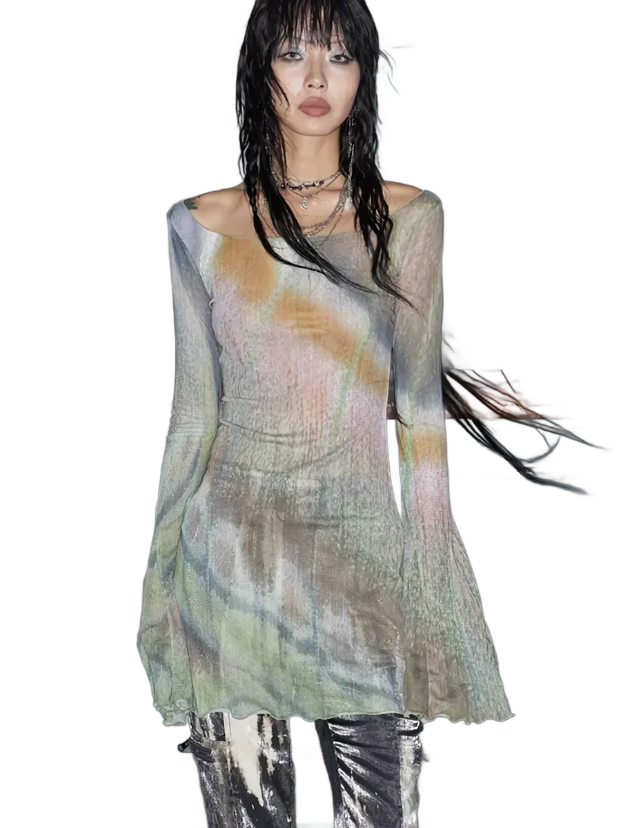 Flare Sleeve Sheer Mesh Top in Abstract Pastel | DYSTOPIɅN ™️ – DYSTOPIɅN