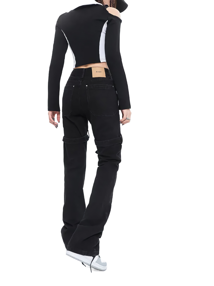 Strapped Flare Leg Black Denim Jeans | DYSTOPIɅN ™️ – DYSTOPIɅN